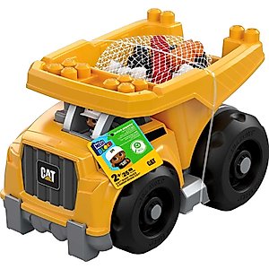 Mega BLOKS Cat Toddler Blocks Building Toy Set, Large Dump Truck with 25 Pieces and Storage, Yellow, Ages 1+ Years