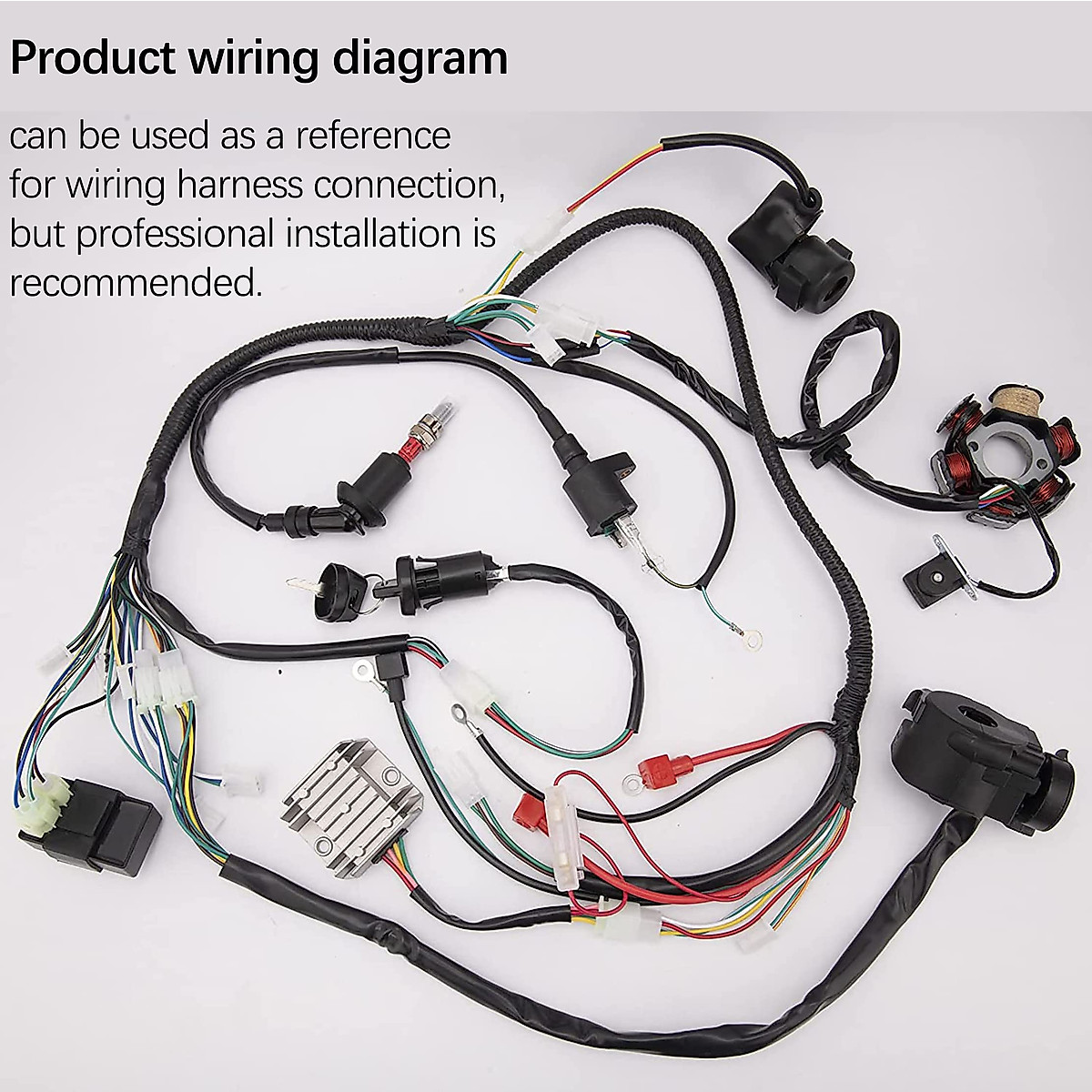 HOOTO Complete Wiring Harness kit for ATV Quad 4 Stroke 50cc 70cc 90cc 110cc 125cc Pit Quad Dirt Bike Go Kart Quad Wire Harness Complete Electrics Stator Coil CDI Solenoid Relay Spark Plug, Lead