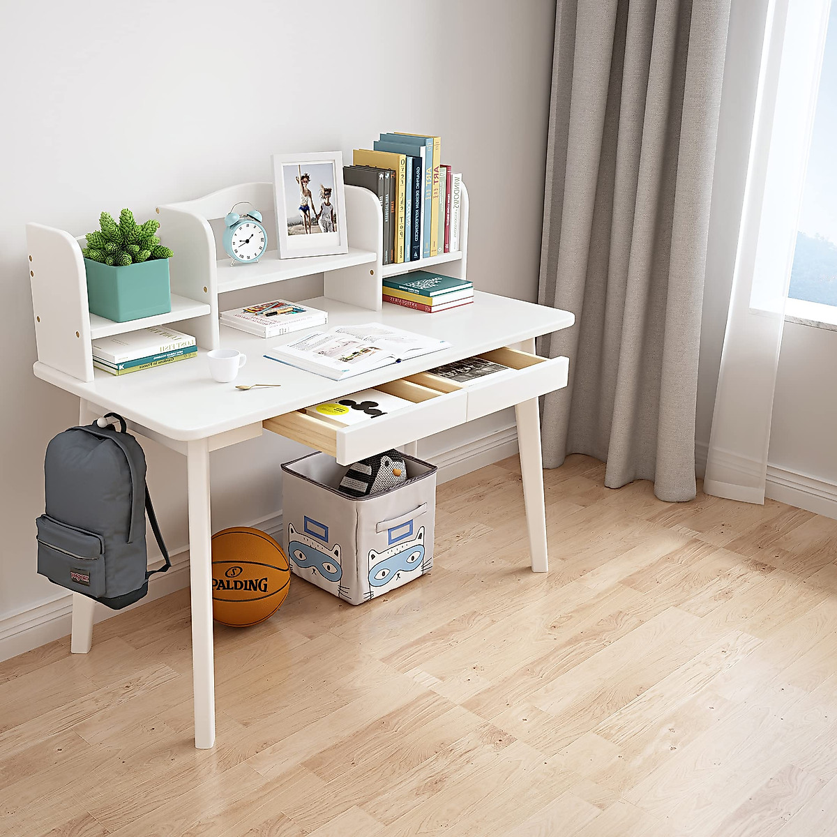 BALANBO Kid's Desk Kid's Table with Drawers and Bookshelf Wooden Kid's Media Desk Student Learning Computer Workstation and Writing Desk (White…