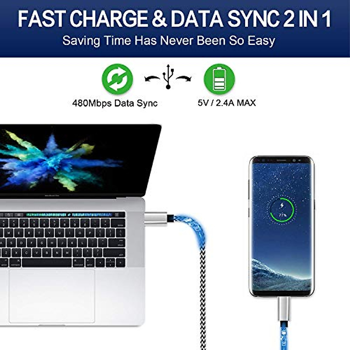 Charging Cable for Galaxy S10, 2 Pack 6ft USB C Cable Long Nylon Fast Charger Cord, USB A to USB C Charger Cables for Samsung S10 S20 Note 20 10, PS5, Google Pixel, MacBook Pro 2020, LG, Black&White