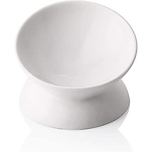 KITCHENLESTAR Ceramic Raised Cat Bowls, Slanted Cat Dish Food or Water Bowls, Elevated Porcelain Pet Feeder Bowl Protect Cat's Spine, Stress Free, Backflow Prevention (Grey) (White)