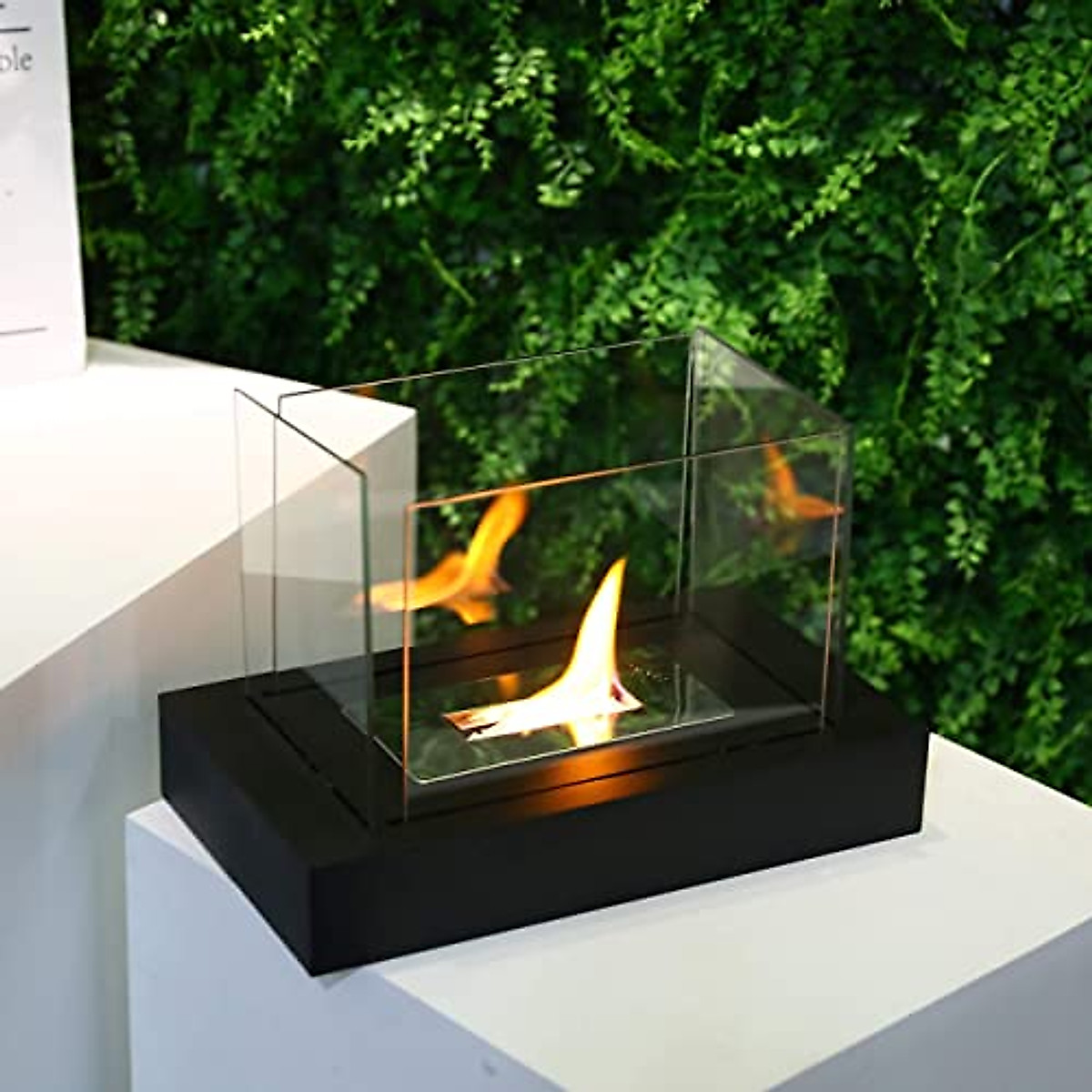 Rectangular Tabletop Fire Bowl Pot with Four-Sided Glass 13.5" L Portable Tabletop Fireplace Clean Burning Bio Ethanol Ventless Fireplace for Indoor Outdoor Patio Parties Events