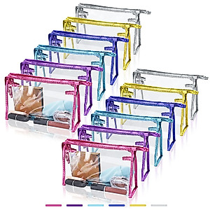 SITAKE 12 Pcs Portable Transparent Cosmetic Bags, Clear Waterproof Makeup Bags with Handle, PVC Travel Toiletry Bags Pouches, Clear Pencil Cases, Stationary Organizers(6 Colors)