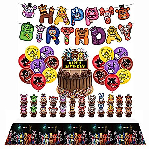 Birthday Party Supplies,Five Nights at Freddy Includes Banner, Tablecloth, Cake Topper - 24 Cupcake Toppers - 20 Balloons