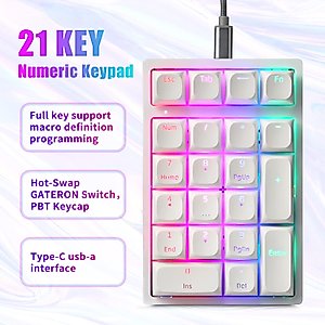 MOTOSPEED Mechanical Numeric Keypad Hot-Swap GATERON Switch Wired Gaming Keypad RGB Backlit PBT Keycap 21 Keys Mini Numpad Portable Keypad Extended Layout(Gateron Blue)