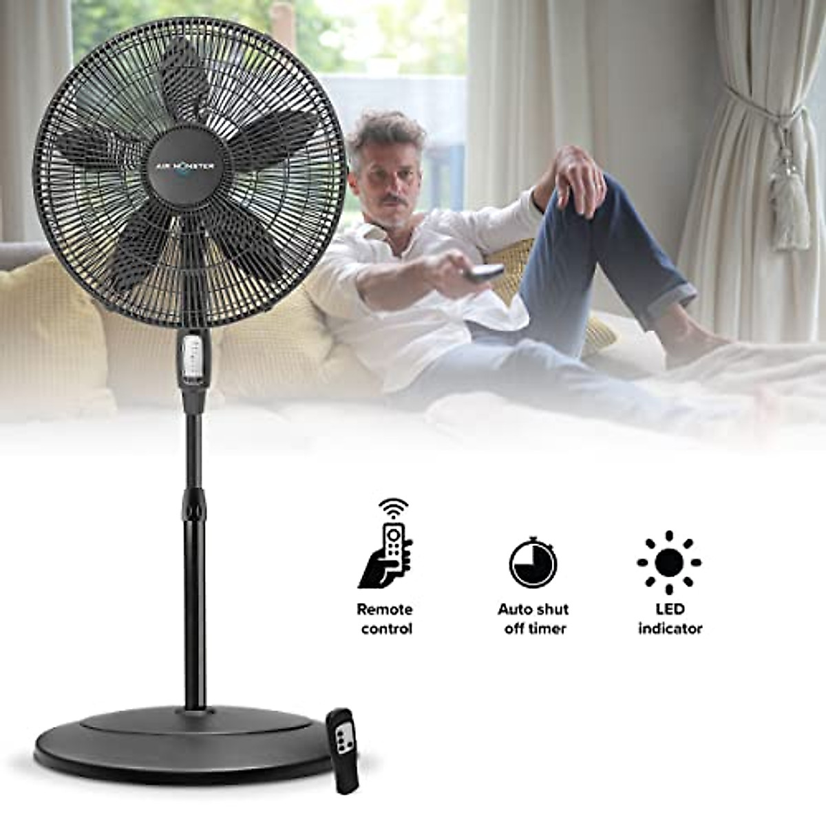 Air Monster 15732-R 18-Inch Diameter 3-Speed Adjustable Height Oscillating Pedestal Fan with Remote Control and 7.5 Hour Timer, Black