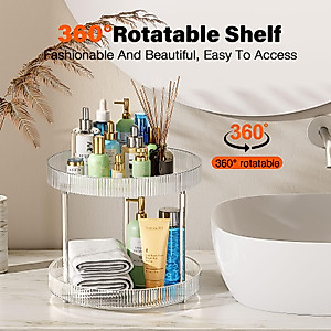 Acina 2-Tier Bathroom Countertop Organizer: 360° Clear Lazy Susan Rotating Storage Tray - Spinning Perfume Cosmetics Vanity Shelf for Bathroom Cabinet, Kitchen (Large)