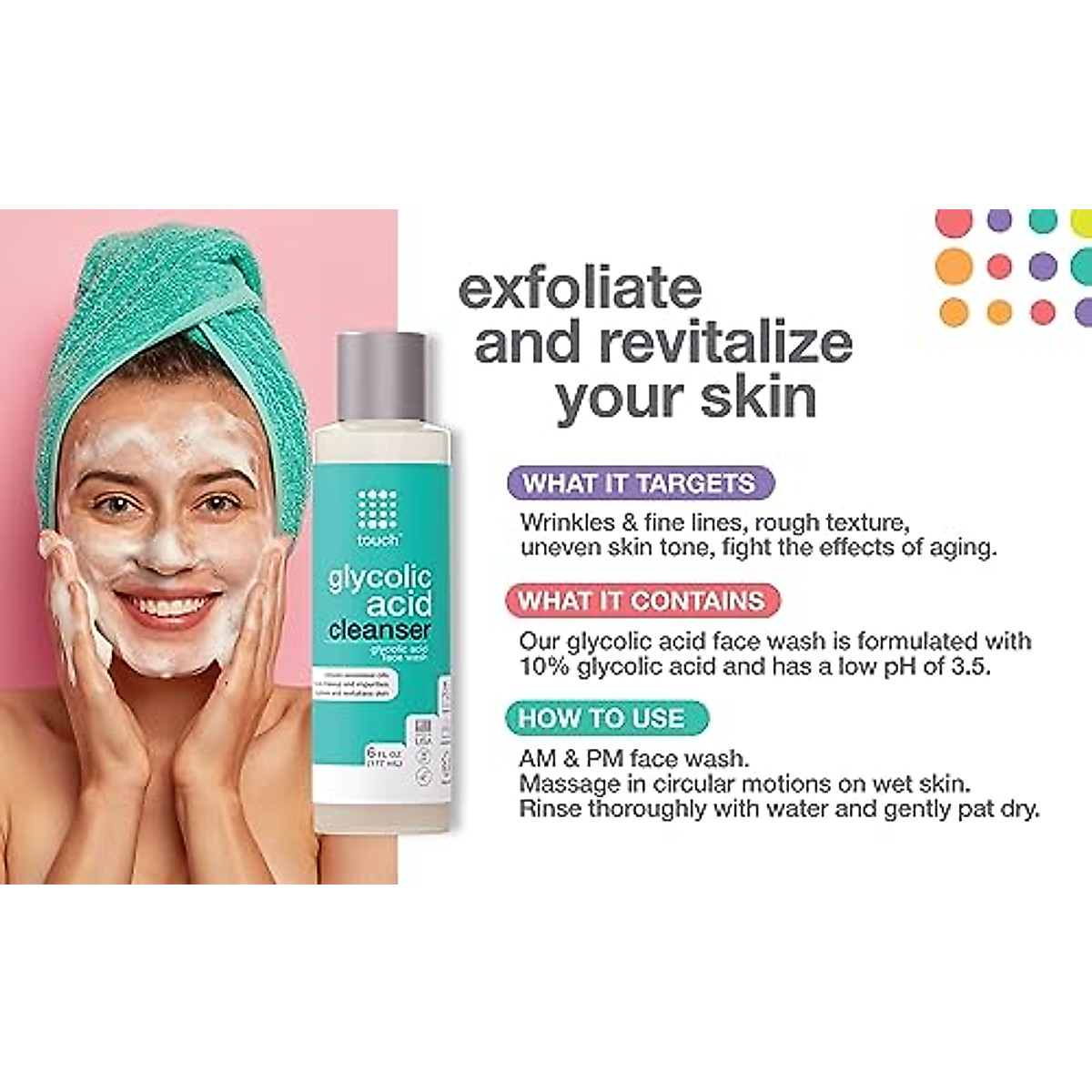 10% Glycolic Acid Face Wash - Exfoliating, Non Drying & Foaming AHA Cleanser - Anti-Aging, Skin Tone & Texture, Wrinkles, Pores, Blackheads - Sulfate Free, Oil Free, & Low PH - 6 oz.