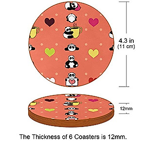 6 PCS Premium Leather Coasters for Drinks - Heat Resistant Drink Coaster - Protect Furniture from Stains Water Rings and Damage - Funny Sleepy Panda Coffee and Hearts Pattern