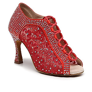SWDZM Women's Latin Dance Shoes Open Toe Lace-up Mesh Ballrooom Tango Salsa Performence Ankle Dance Boots,Heel-3",9001,Red,6 US
