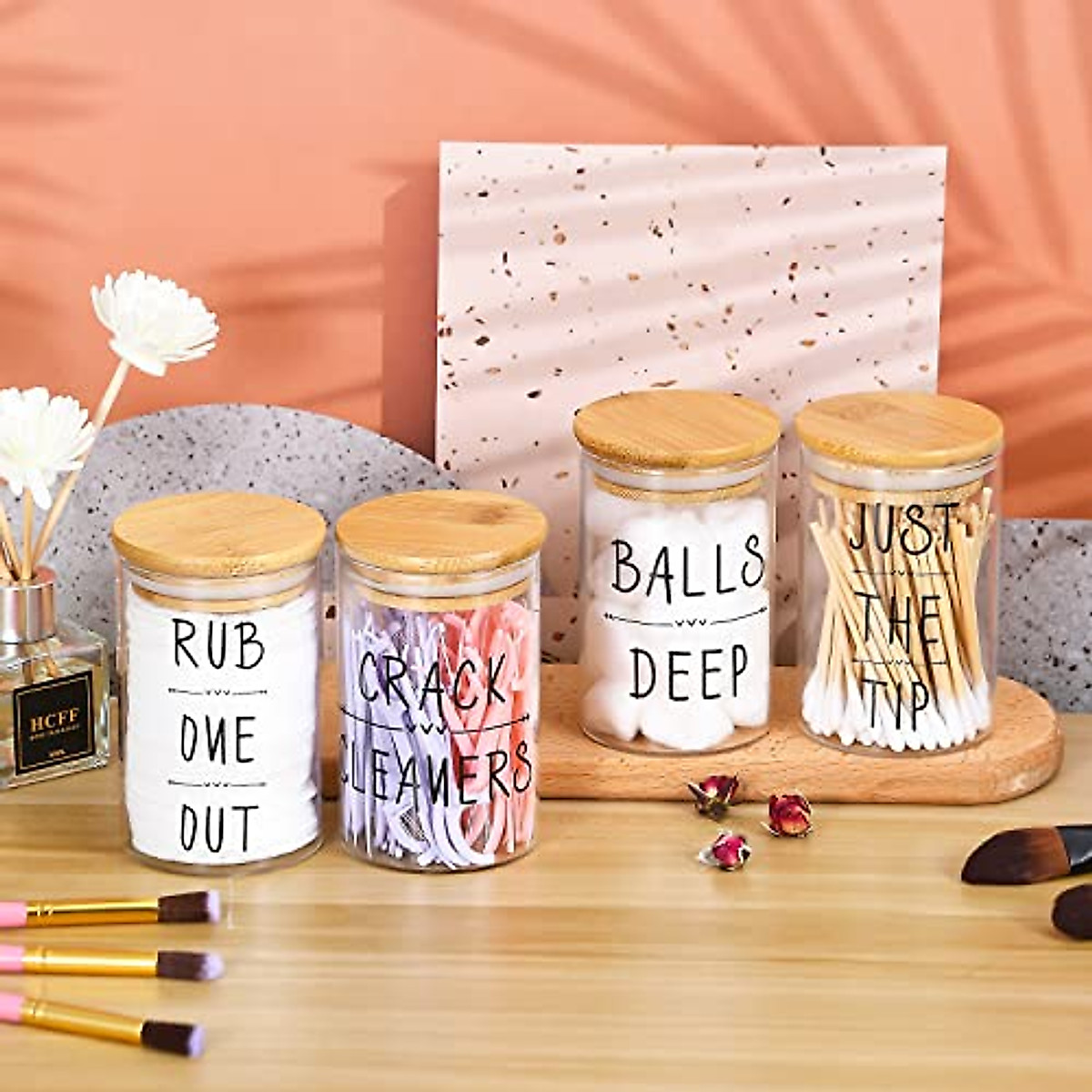 4 Pack Qtip Holder, 10 oz Bathroom Organization with Bamboo Lids, Clear Glass Farmhouse Qtip Holder for Bathroom Vanity, Great for Cotton Swabs, Cotton Ball, Floss, Bathroom Decor