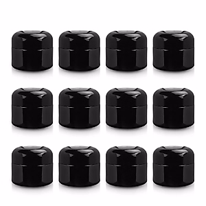 12 Pack 1oz Black Matte Glass Jars,Empty Round Storage Travel Containers with Black Dome Lid & Inner Liners,Refillable Cosmetic Vials for Ointments,Creams,Salve, Lotion-12 Spatulas