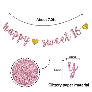 Happy Sweet 16 Banner – Pink Glitter Sweet Sixteen Sign -16th Birthday Banner Decorations - Milestone Happy Birthday Decorations