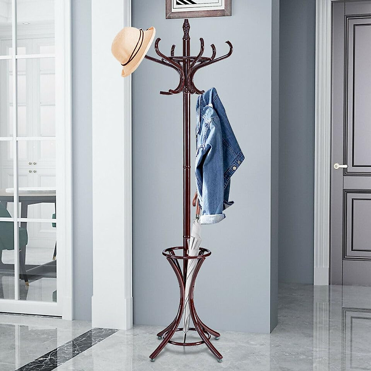 Tangkula 75.5" Standing Coat Rack, Wood Coat Tree with 12 Hooks, Home Hat Jacket Hanger Tree 12 with Umbrella Holder Coat Stand (Brown)