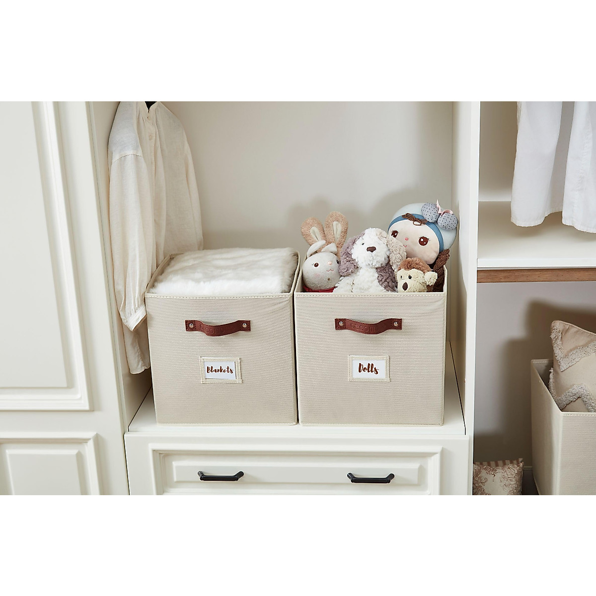 DECOMOMO Storage Bins | Cube Storage Bin with Label Holders, Fabric Storage Cubes for Organizing Shelves Closet Toy Clothes (10.5" x 11" / 6pcs, Beige)