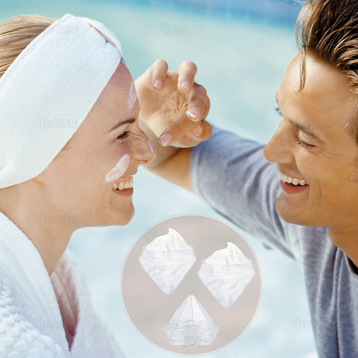 AUEAR, 50 Pack Diamond Shaped Clear Jars 5 ML Empty Refillable Cosmetic Small Jar Makeup Container with Lids Sample Trial Case Storage Box for Party Favors Decor