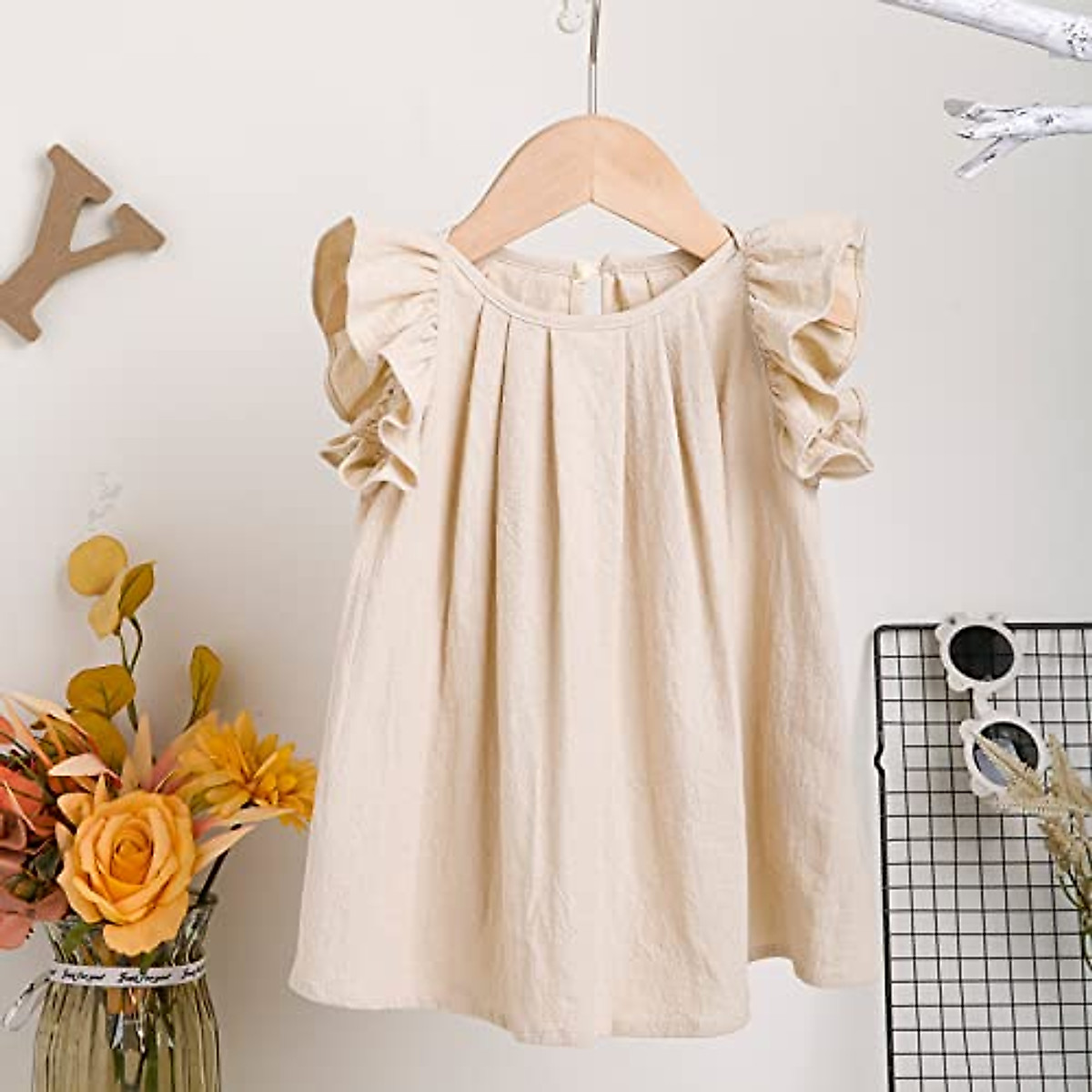 Yanmucy Toddler Cotton Dress Baby Girls Summer Beach Ruffle Beige Dresses 6-24 Months (as1, Age, 9_Months, 12_Months, Beige)