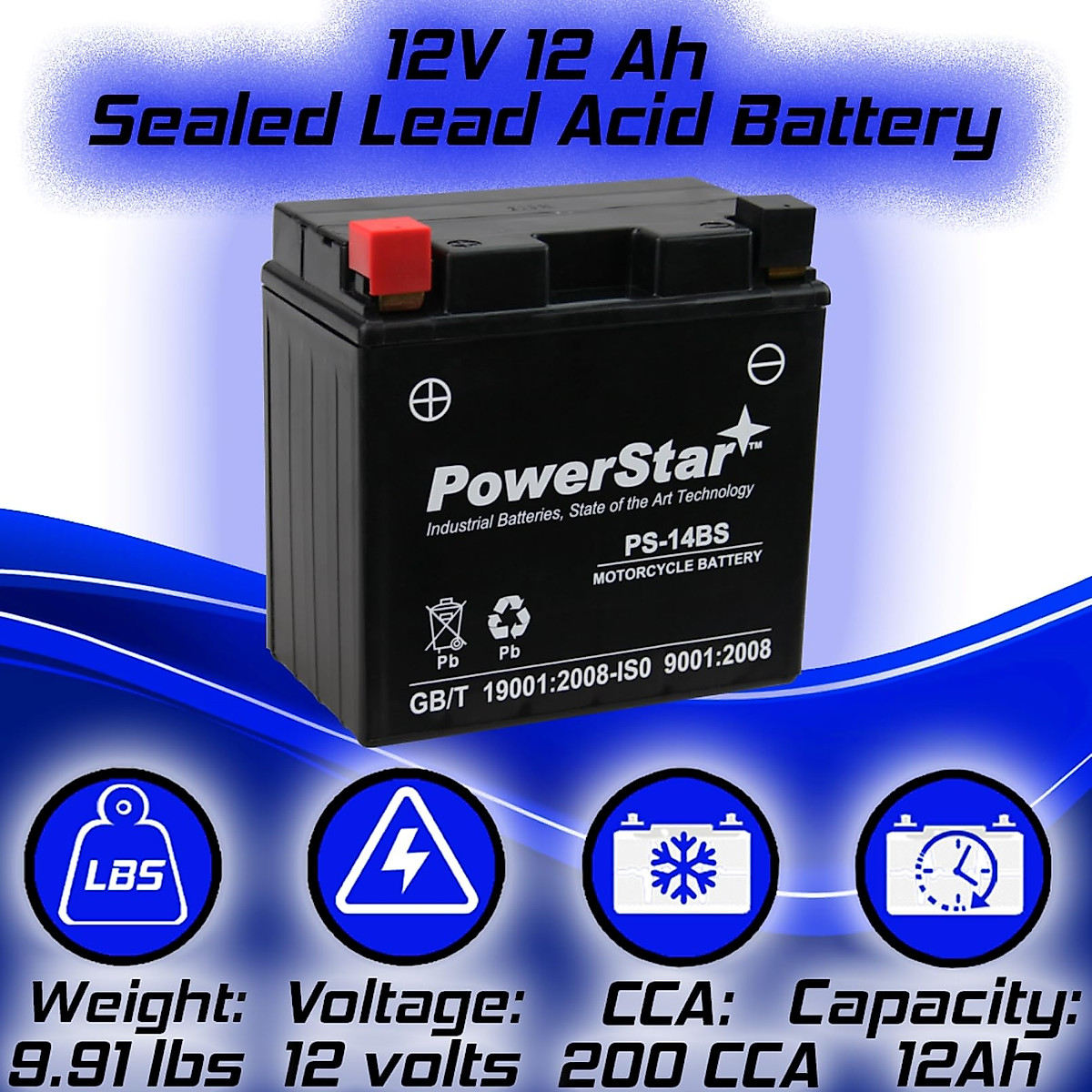 PowerStar YTX14-BS, YTX14, KMX14-BS, FTX14-BS Replacement Battery 200cca High Performance WP14-BS Sealed AGM for Powersports