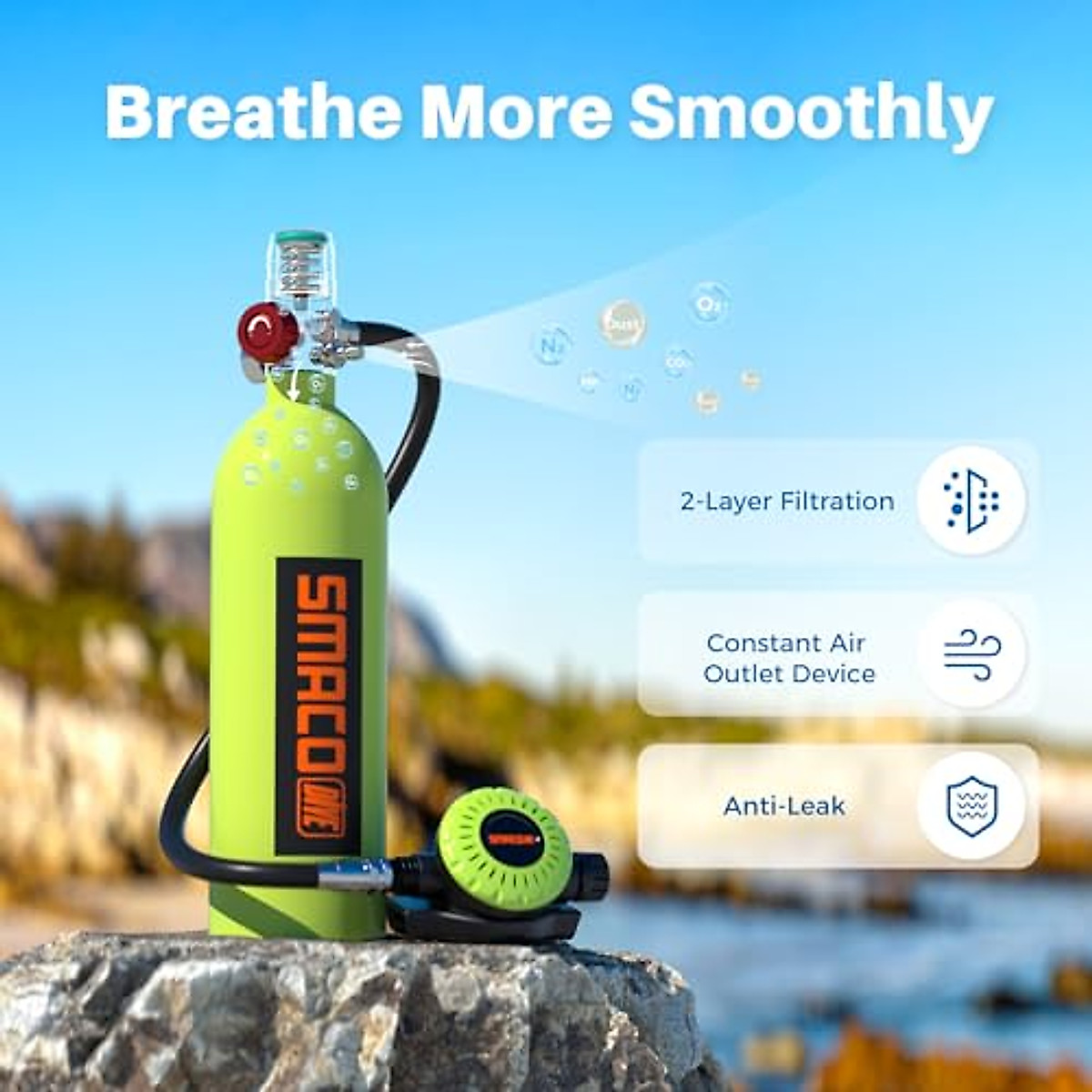 SMACO Scuba Tank Diving Gear for Diver 1L Mini Scuba Tank Small Diving Oxygen Cylinder up to 20 Minutes Dive Time Portable Diving Tank Kit for Underwater Exploration Emergency Rescue Pony Bottle S400