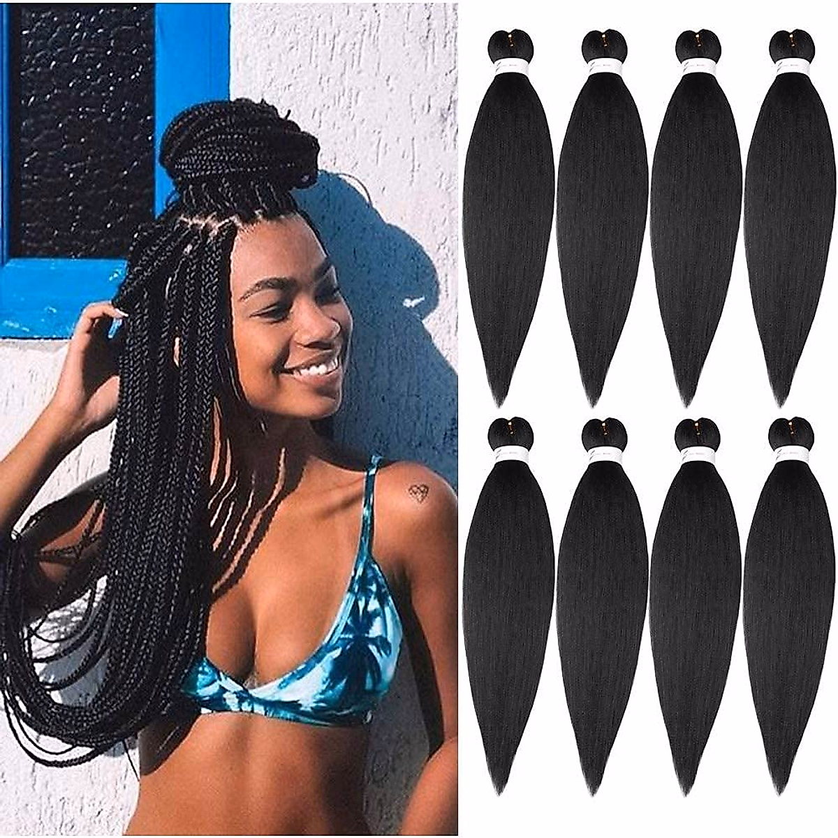Pre Stretched Braiding Hair Natural Black - 20''8 Packs Braid Crochet Hair Hot Water Setting Professional Soft Yaki Texture (20inch,#1B)