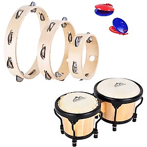 EASTROCK Hand Held Tambourine Ring 3 Packs and Bongos Drum 4”+5” Set Wood Percussion Instruments