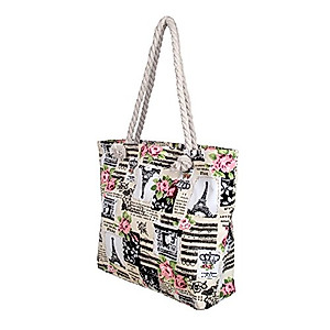 Paris Eiffel Tower Music Notes Floral Print Canvas Tote Shoulder Bag Handbag, Yellow One Size