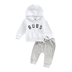 VISGOGO Infant Baby Boy Clothes Set Letter Printed Long Sleeve Hooded Pullover Tops + Elastic Drawstring Pants with Pockets (A-BUBS-White, 3-6 Months)