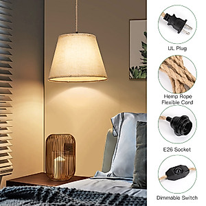 Dexnump Plug in Pendant Light, Hanging Light with Plug in Cord Dimmable Switch, Hanging Lamp with 15 ft Hemp Rope Cord, Pendant Light Fixture for Bedroom Kitchen Island Living Room (Bulb Included)