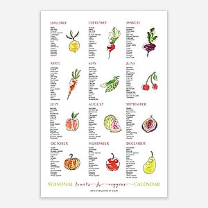 Seasonal Fruit and Vegetable Calendar print of original watercolor art - 12"x18" - unframed - Kitchen Decor, Dining Room Wall Art, Health Poster for Classroom