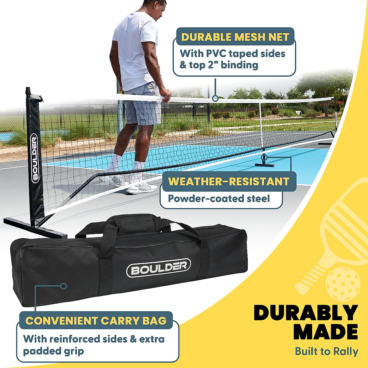 Boulder Pickleball Net - Premium USAPA Standard Full Court 22ft Pickleball Net Set with Additional 11ft Half Court Pickle Ball Tennis Net