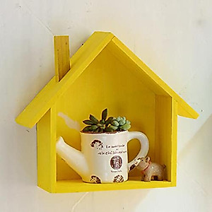 PETSOLA House Shape Wood Wall Shelf Display Hanging Shelves Box Organizer, Yellow