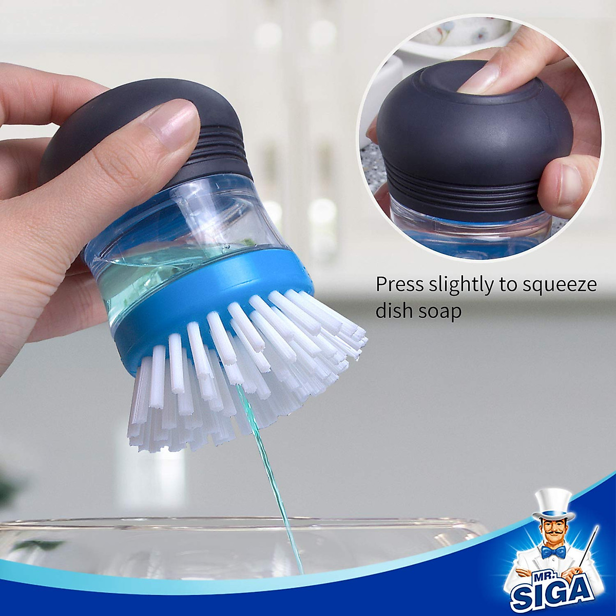 MR.SIGA Soap Dispensing Palm Brush, Kitchen Brush for Dish Pot Pan Sink Cleaning, Pack of 2, Navy/Blue
