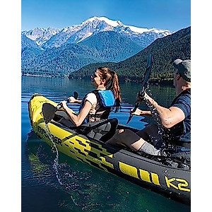 INTEX 68307EP Explorer K2 Inflatable Kayak Set: Includes Deluxe 86in Aluminum Oars and High-Output Pump – SuperStrong PVC – Adjustable Seats with Backrest – 2-Person – 400lb Weight Capacity