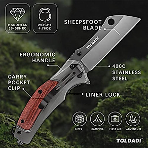 Toldadi Spring Assisted Pocket Knife for Men, 3.2 in Blade Folding Cleaver Pocket Knife With Liner Lock, Edc Camping Knife Gifts for Men Father Husband