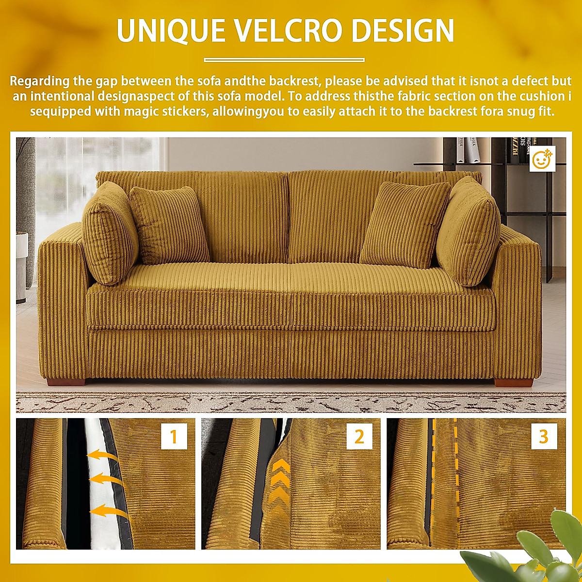 HOLYFIND Modern Corduroy Sofa Couch with Upholstered Deep Seat,3 Seater Sofa with Four Pillows,Oversized Love seat for Living Room, Apartment (Yellow)