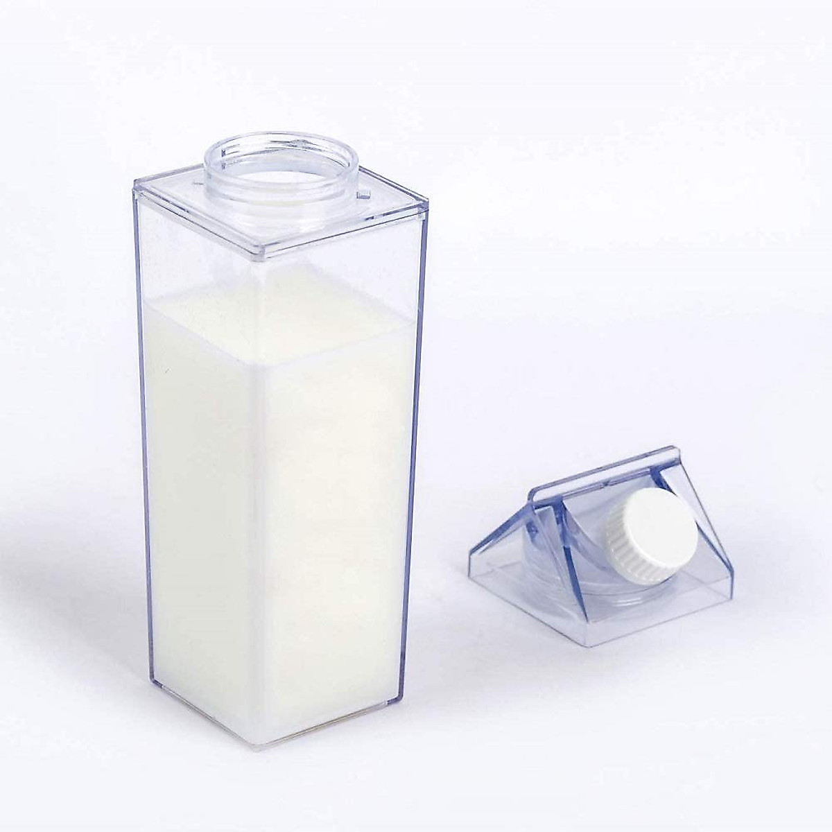 Milk Carton Water Bottle 17oz (500mL) Plastic Clear Square Milk Bottles No BPA Leakproof Water Bottle Portable Reusable Milk Carton Shaped Juice Bottle Perfect for Fitness Gym Camping Sports