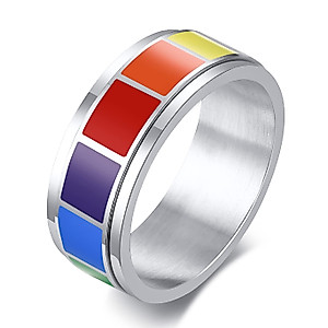 ANIEJUFI Stainless Steel Rainbow LGBT Spinner Ring Gay Lesbians Pride Jewelry Fidget Band Rings for Men Women Silver Size 12