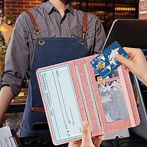 ACdream Checkbook Cover, Leather RFID Blocking Check Book Wallet, Protective Premium Business and Personal Duplicate Checks Holder, with Credit Card Slot for Women Men, Glitter Rose Gold