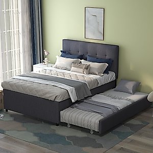 civama Full Bed with Trundle, Upholstered Full Over Twin Bed with Headboard & Wooden Slat Support, Pull Out Twin Platform Bed Underneath, No Box Spring Needed, Grey