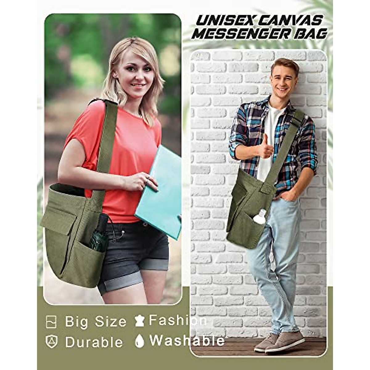 Sweetude Canvas Messenger Bag Crossbody Tote Bag with Multiple Pockets Laptop Large Shoulder Bags Aesthetic Casual Vintage Versatile School Cross Body Bag for Women Men, Green