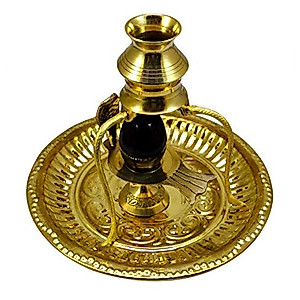 M Francisco Shiva Ling Lingam Shivling Prayer Statue Brass Stand with Thali + Hare Ram Hare Krishna Tulsi Bracelet