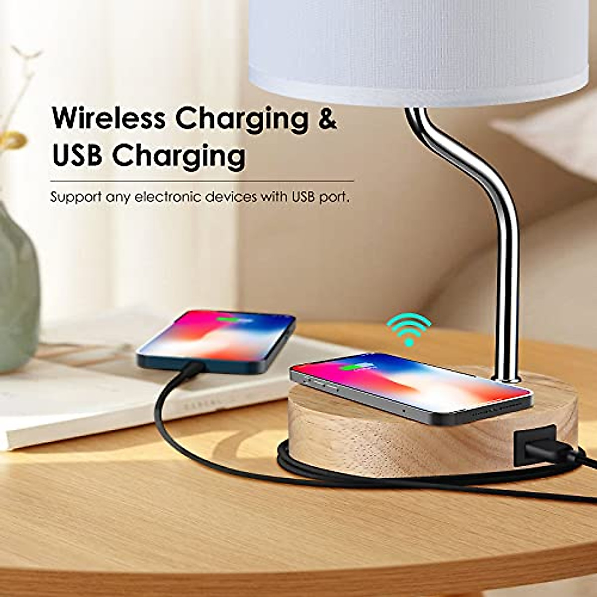 Upgraded Smart Bedside Table Lamp with Wireless Charger & USB Ports - Touch Control LED Desk Lamp for Bedroom, Dimmable Wooden Nightstand Lamp with Fabric Shade for Living Room, Kid's Room,or Office