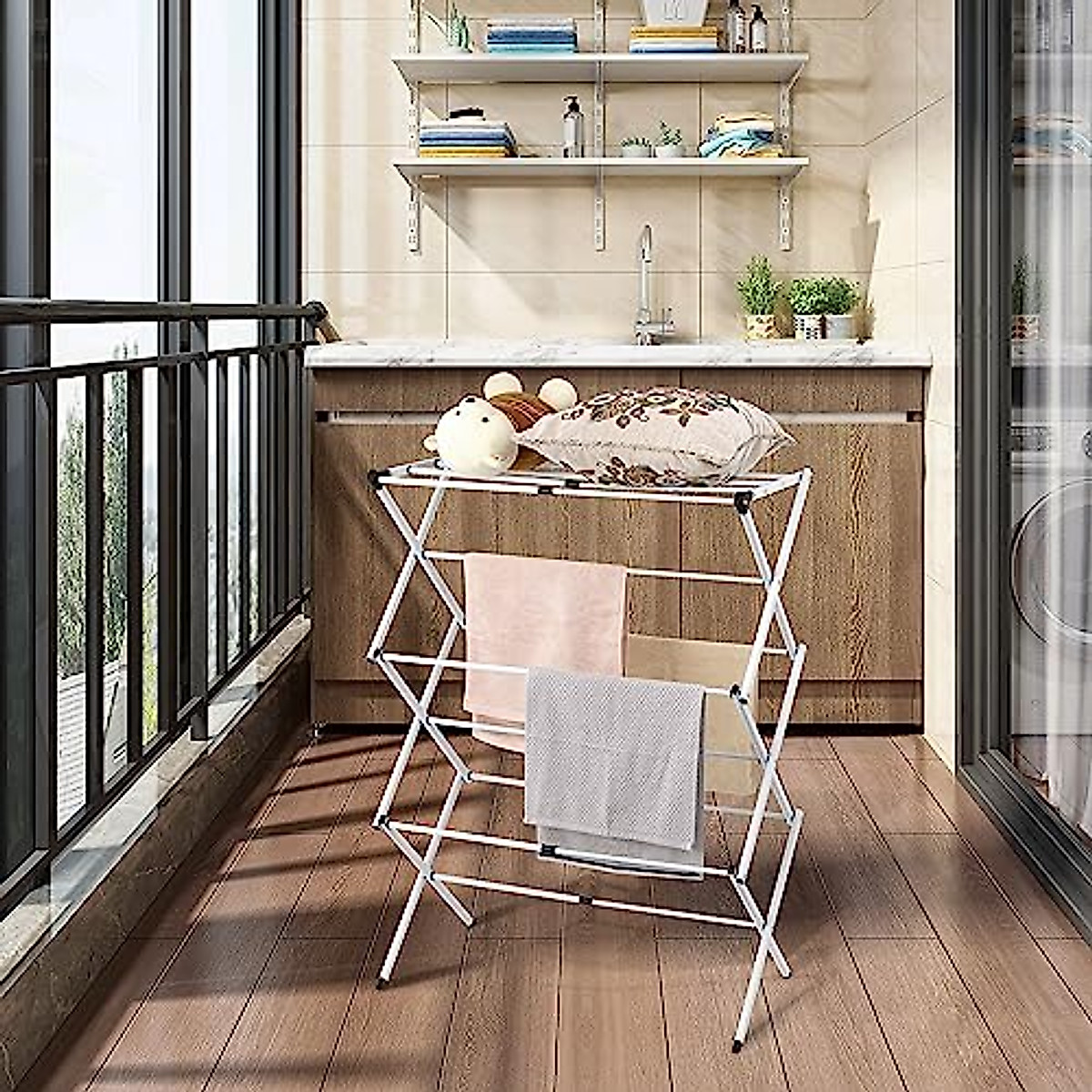 Finnhomy Pre-Assembled Clothes Drying Rack, Drying Rack Clothing, Expandable Laundry Drying Rack, Towel Rack for Indoor and Outdoor Use, 41.3" x 29.5" x 15", White