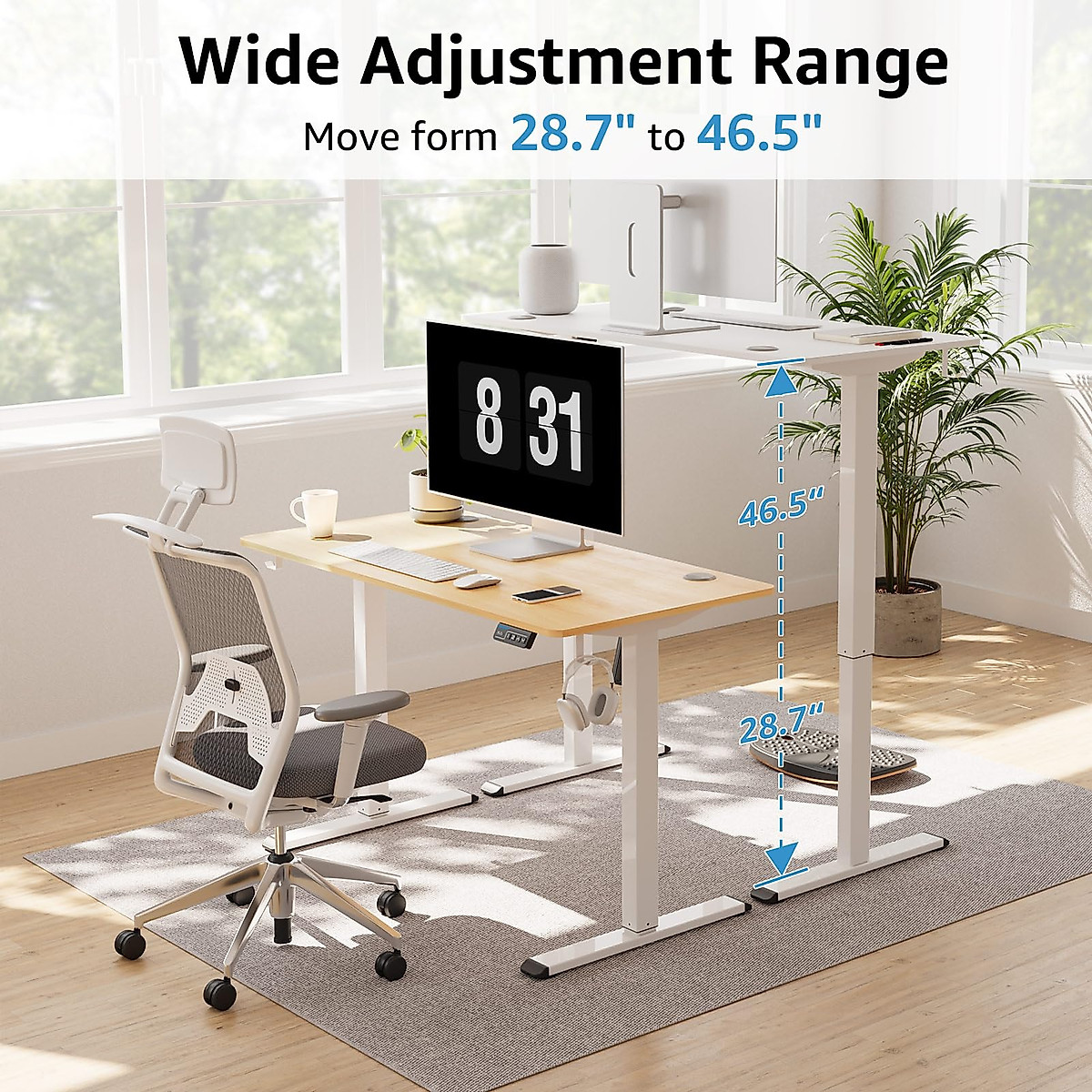 MOUNTUP Height Adjustable Electric Standing Desk Whole-Piece, 48 x 24 Inches Quick Assembly Sit Stand Desk, Stand Up Desk with Memory Controller, Ergonomic Desk, White