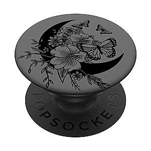 Mid Grey Gray Black Butterfly Crescent Moon Flower PopSockets Standard PopGrip