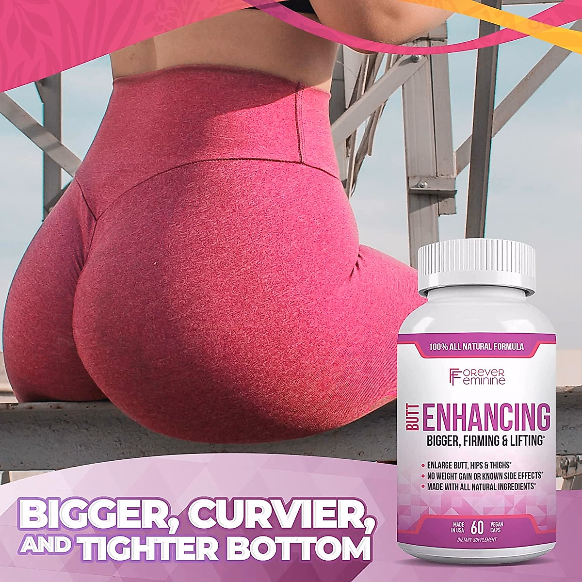 Forever Feminine Premium Butt Enhancer Pills - Big Butt Growth Formula - Shape, Lift, and Firm - Bigger Booty Glute Enhancement Products - 60 ct