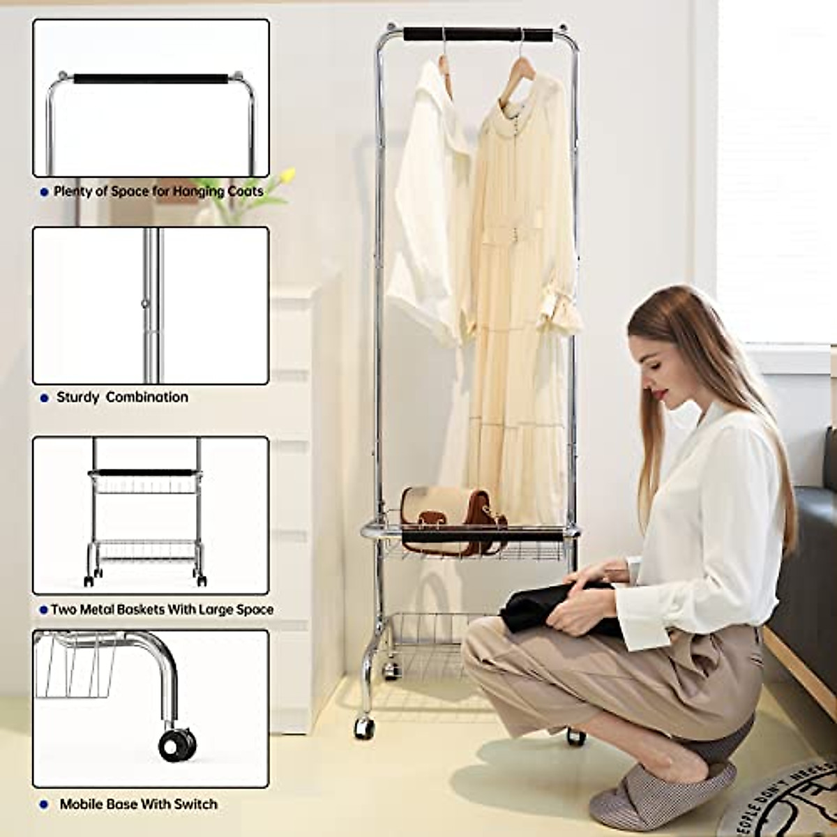 aixsponsa Rolling Clothes Rack with 2 Tier Basket, Freestanding Clothing Racks for Hanging Clothes, Metal Garment Rack with Wheels, Chrome
