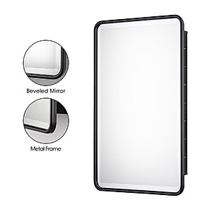 YOOSHINE Black Bathroom Medicine Cabinet with Mirror 17 x 27 Metal Frame Recessed Or Wall Mounted Single Door Storage Medicine Cabinets with Adjustable Shelves Rounded Corner Beveled Mirrors