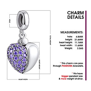 NINGAN “I Love You” Light Purple Love Heart Dange Charm 925 Sterling Silver Pendant Beads fit Bracelets & Necklaces, Birthday Gift for Women