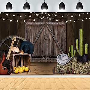 ASOONYUM Western Cowboy Backdrop 7x5ft for Baby Shower Happy Birthday Party Supplies Decorations Kids Boy Child Portrait Background for Photography Wild West Wooden House Barn BBQ Door Banner Props